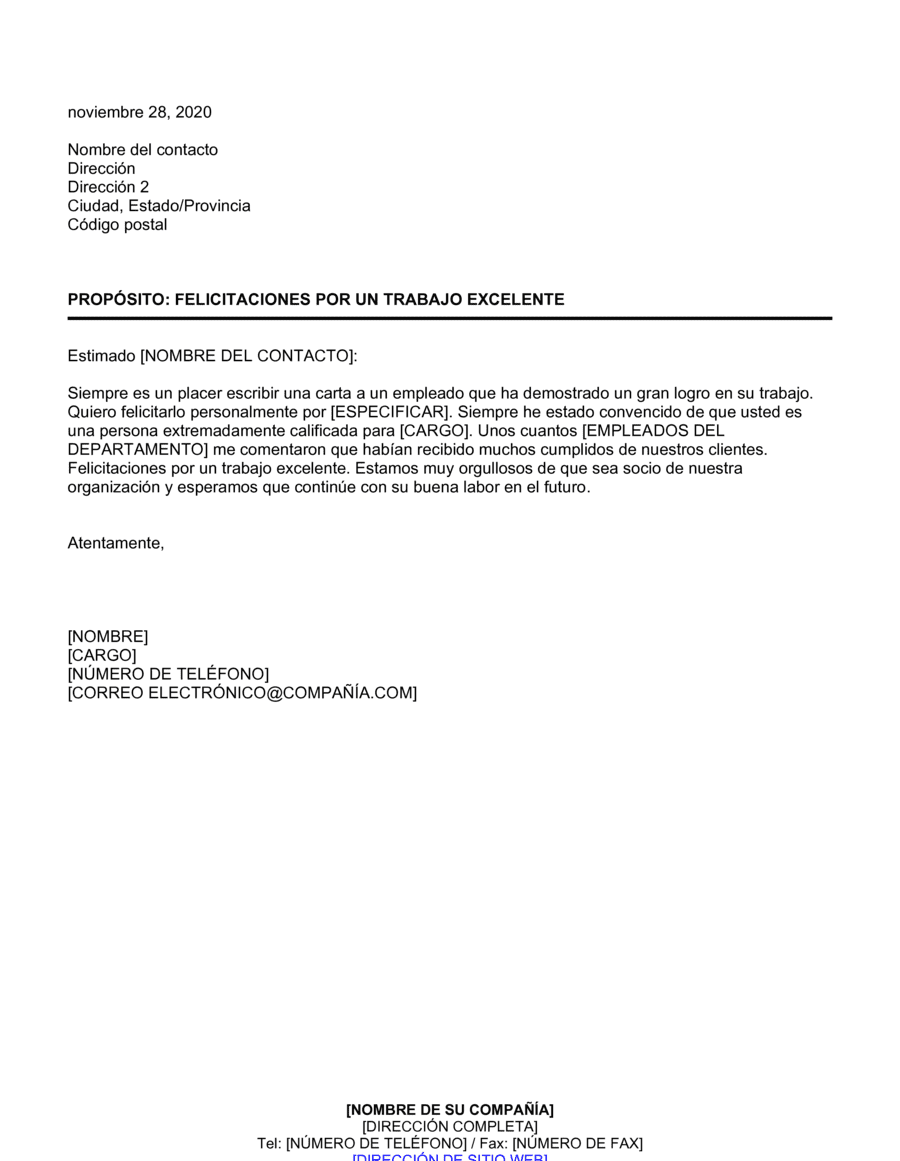 Carta de Felicitación al Empleado por su Excelente Desempeño ...
